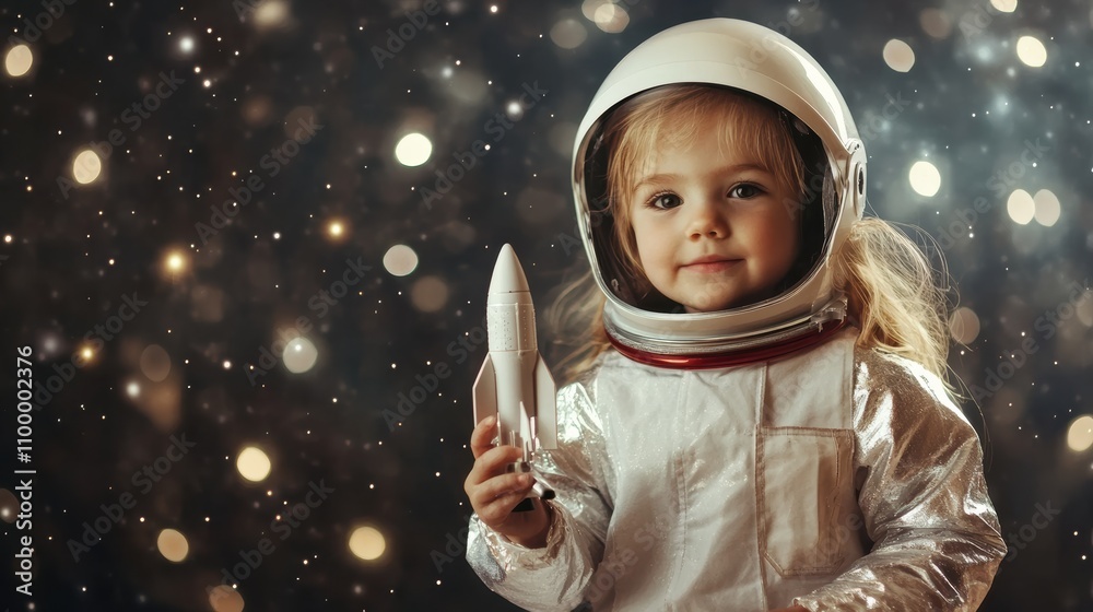 Little girl astronaut with rocket model in starry space scene Stock ...