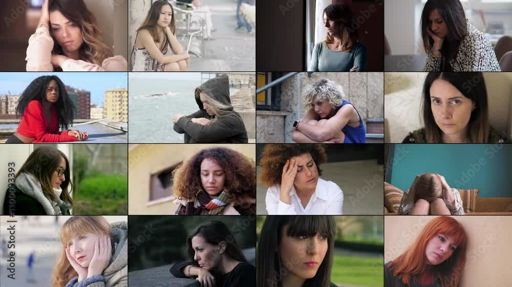 A multiscreen montage of 16 women of various ages expressing anguish ...