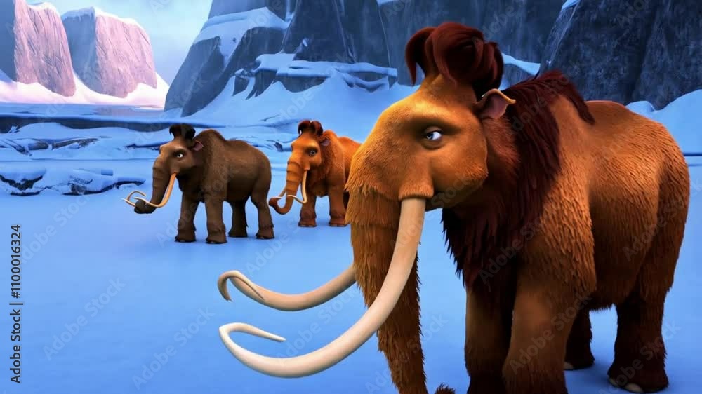 furry old mammoths in snow with mountain landscape in the background, Prehistoric era digital ...