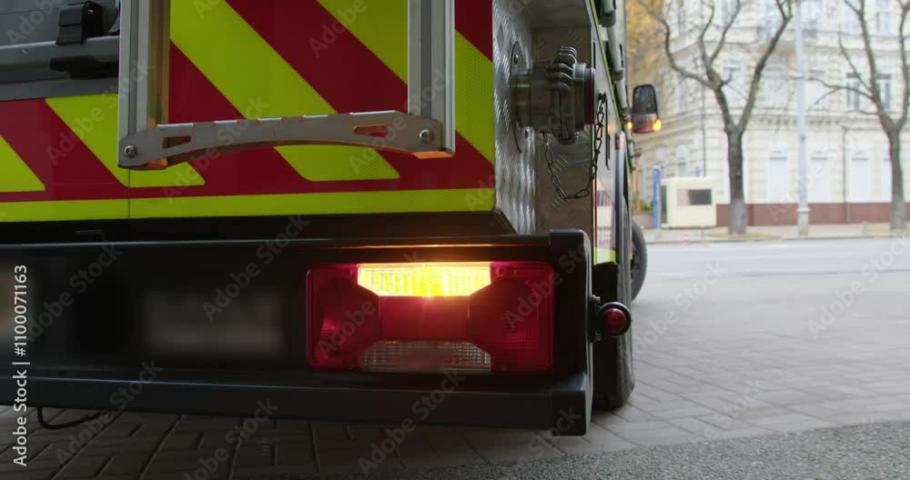 A close-up view of the rear of an emergency vehicle, highlighting the ...