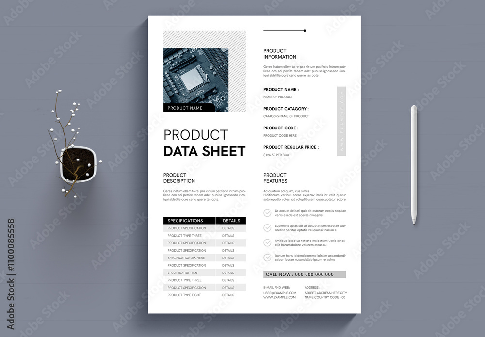 Clean and Professional Product Data Sheet Template Stock Template ...