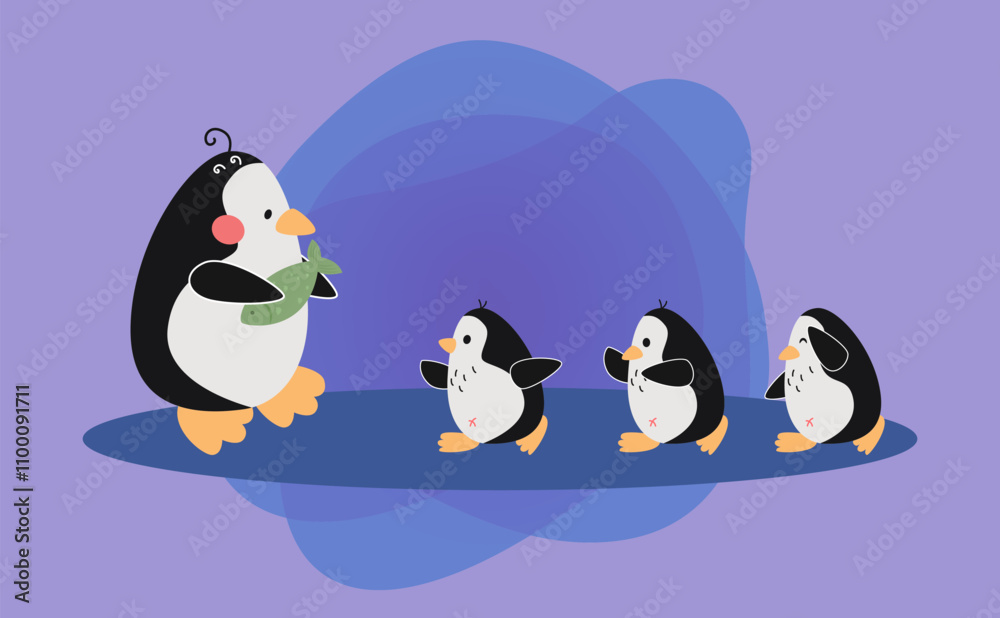 Comic mother penguin giving fish to kids vector illustration. Cartoon ...