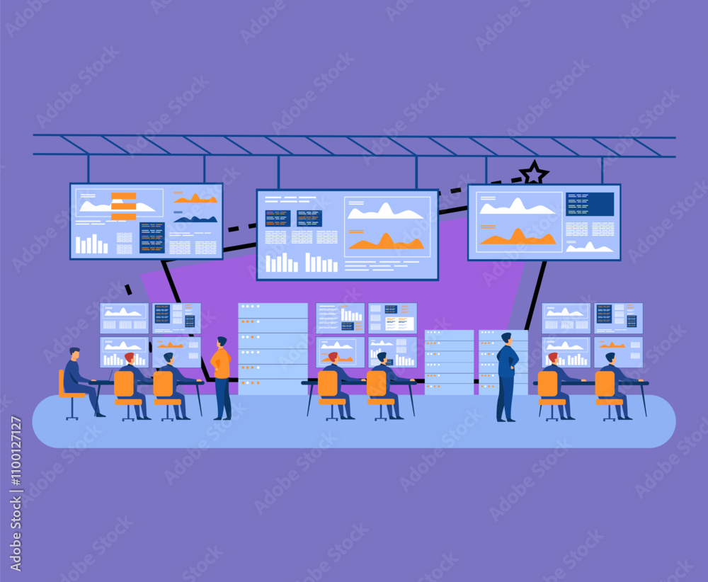 Big data control center. Stock market brokers analyzing financial ...