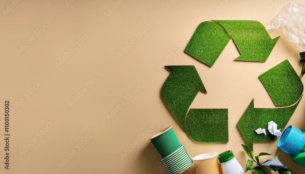 Recycle Symbol with Waste: A green, lush recycling symbol made of grass ...
