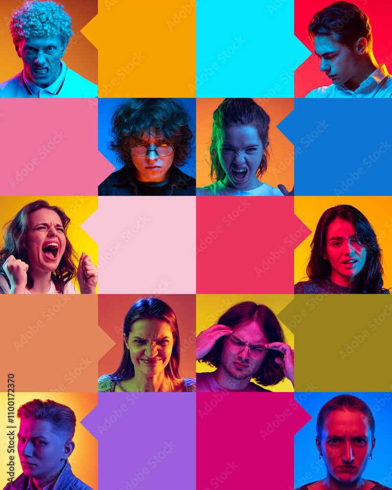 Collage. Group of people captured in moments of shock, surprise, and ...