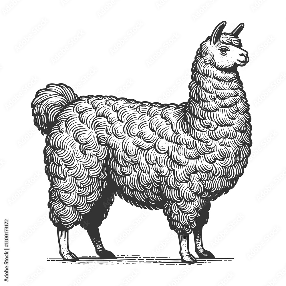 fluffy llama standing tall, showcasing its woolly texture in a classic ...