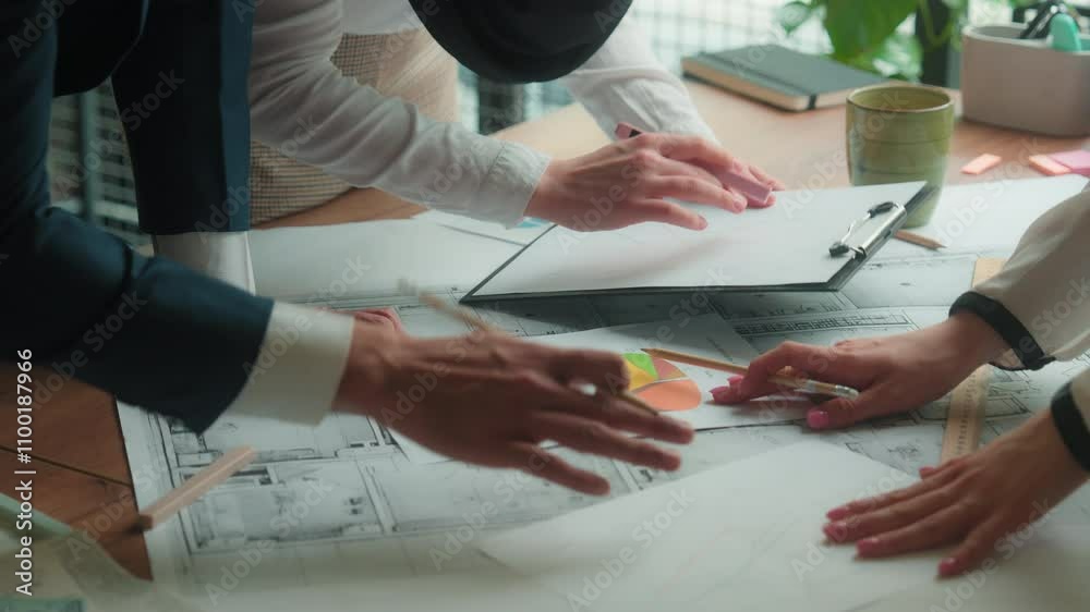 Office teamwork discussion architecture blueprints draw building plan ...
