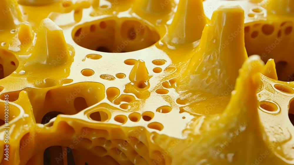 Close-up of detailed texture of cheese with holes and peaks, showcasing ...