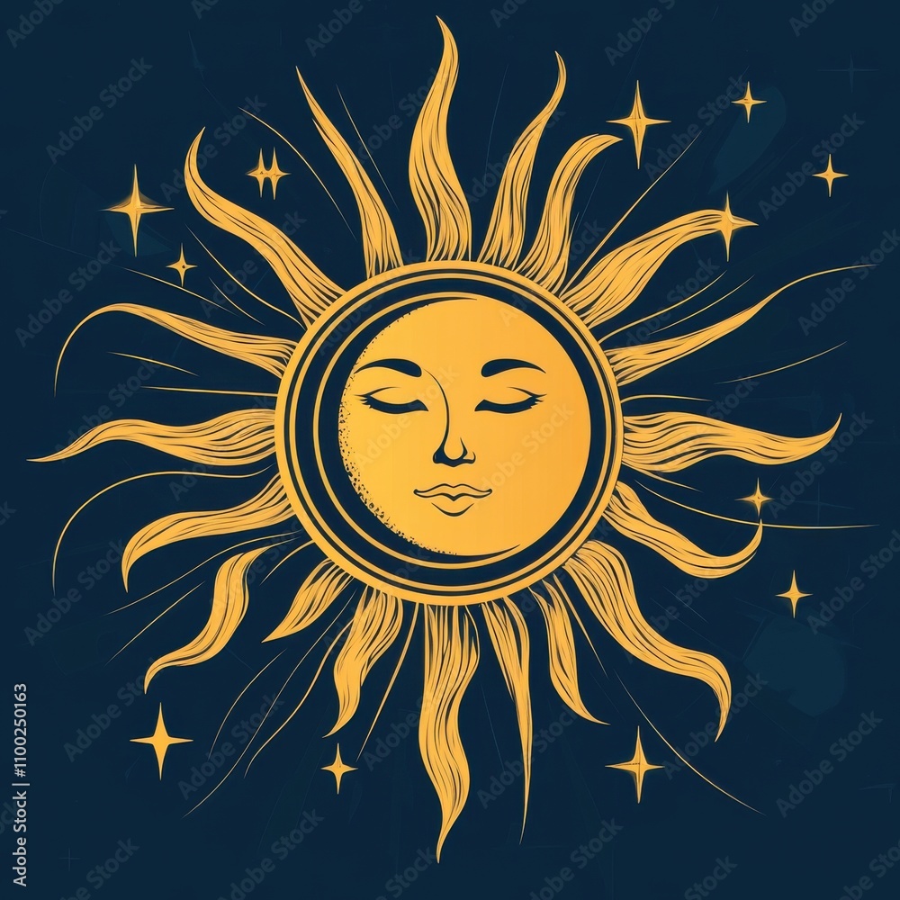 Stylized sun illustration with a calm face, surrounded by radiating ...