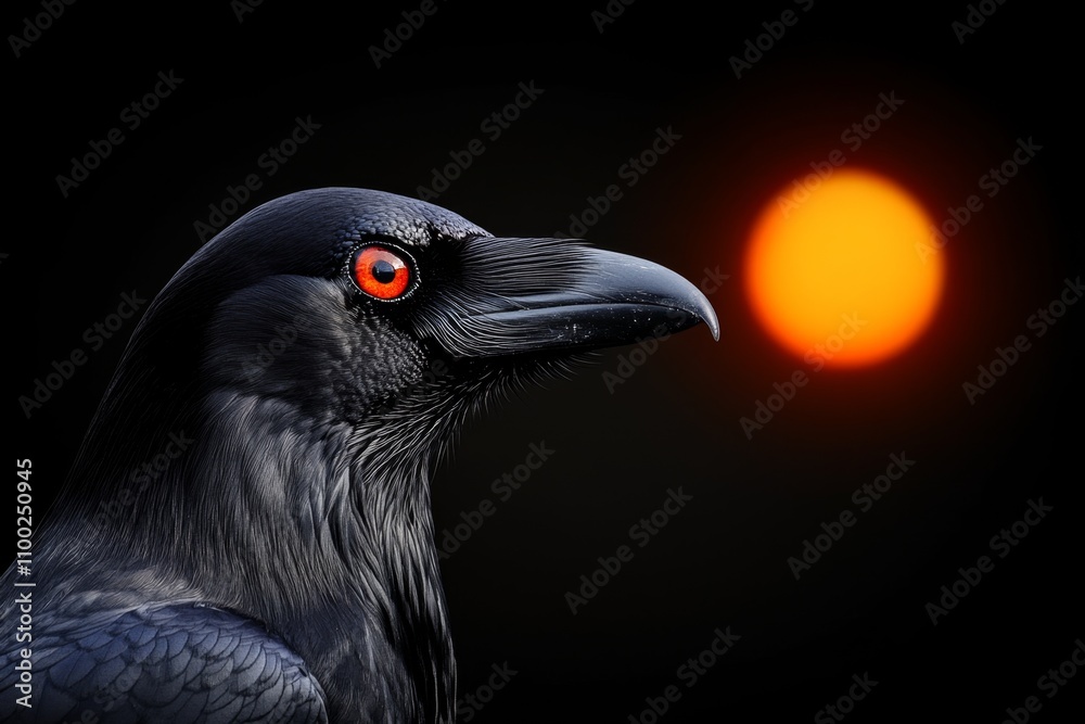 A moody depiction of a raven staring intently at a mysterious glowing ...