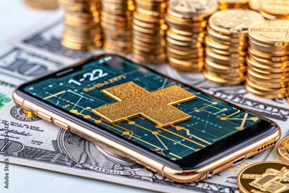 Digital Currency Vault: Smartphone with Yen Coins and Vault Door ...