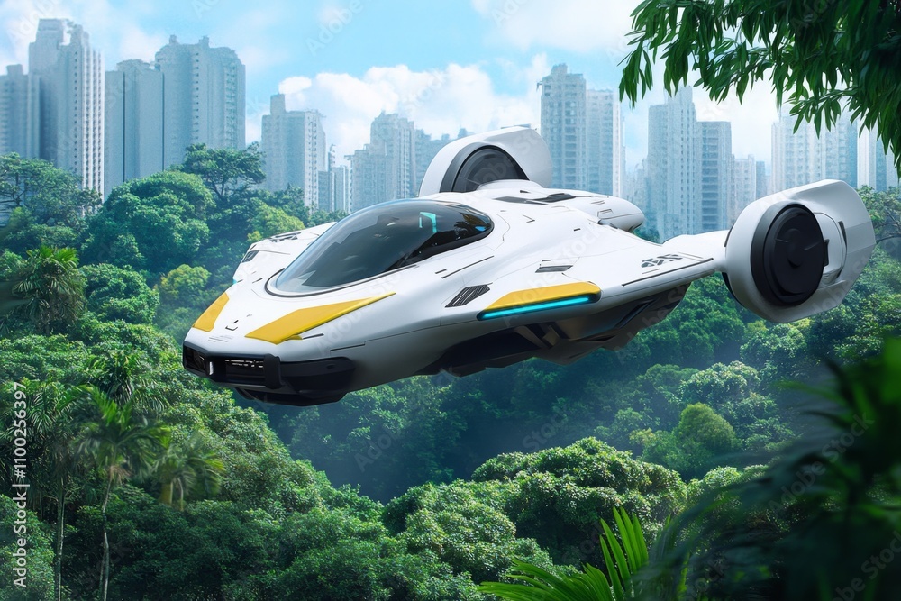 A space-age vertical takeoff and landing (VTOL) aircraft ascending from ...