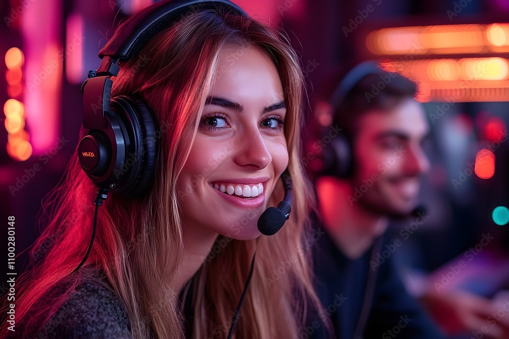 two cheerful radio hosts in a modern studio, wearing headphones and ...