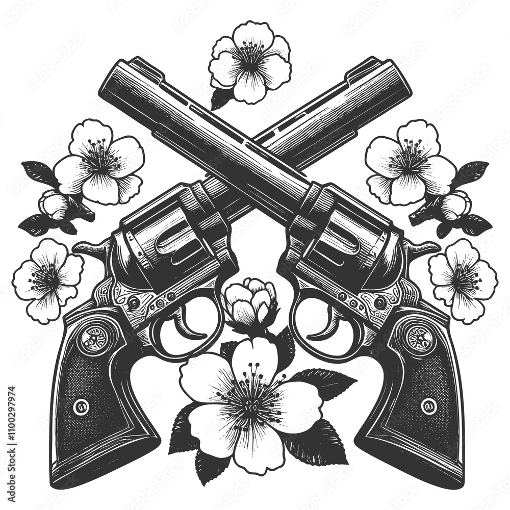 crossed revolvers surrounded by blooming sakura cherry blossoms, fusion ...