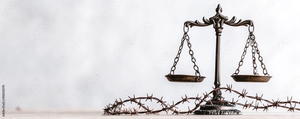 Law restriction concepts, A symbolic balance scale rests on a barbed ...