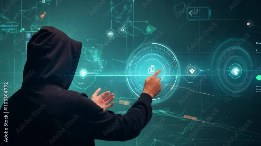 A hacker in a black hoodie surrounded by floating icons of locks, keys ...