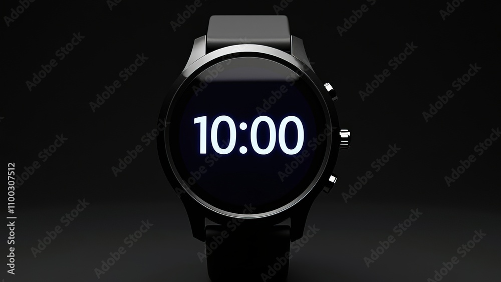 smart watch, digital display with black background, black body, round ...