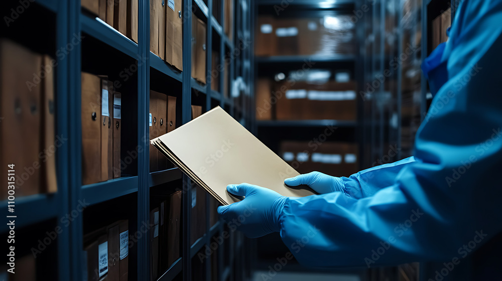 Person opening a confidential folder with gloved hands, in a high ...