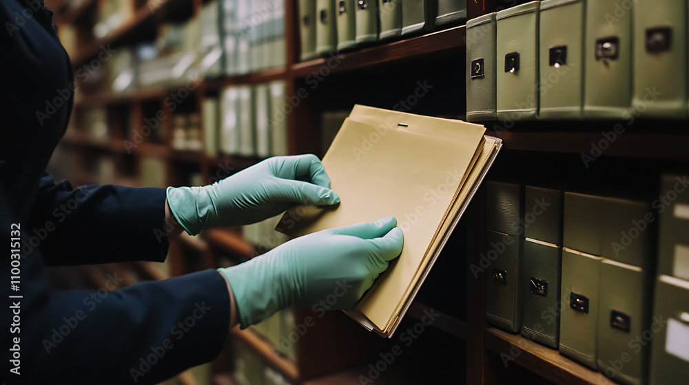 Person opening a confidential folder with gloved hands, in a high ...