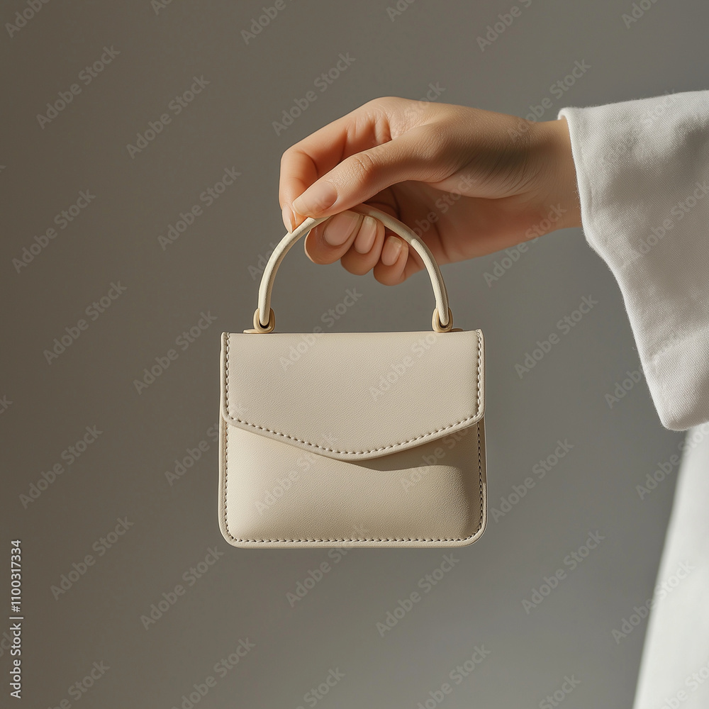 Hand holding a small cream-colored leather bag, product photography ...
