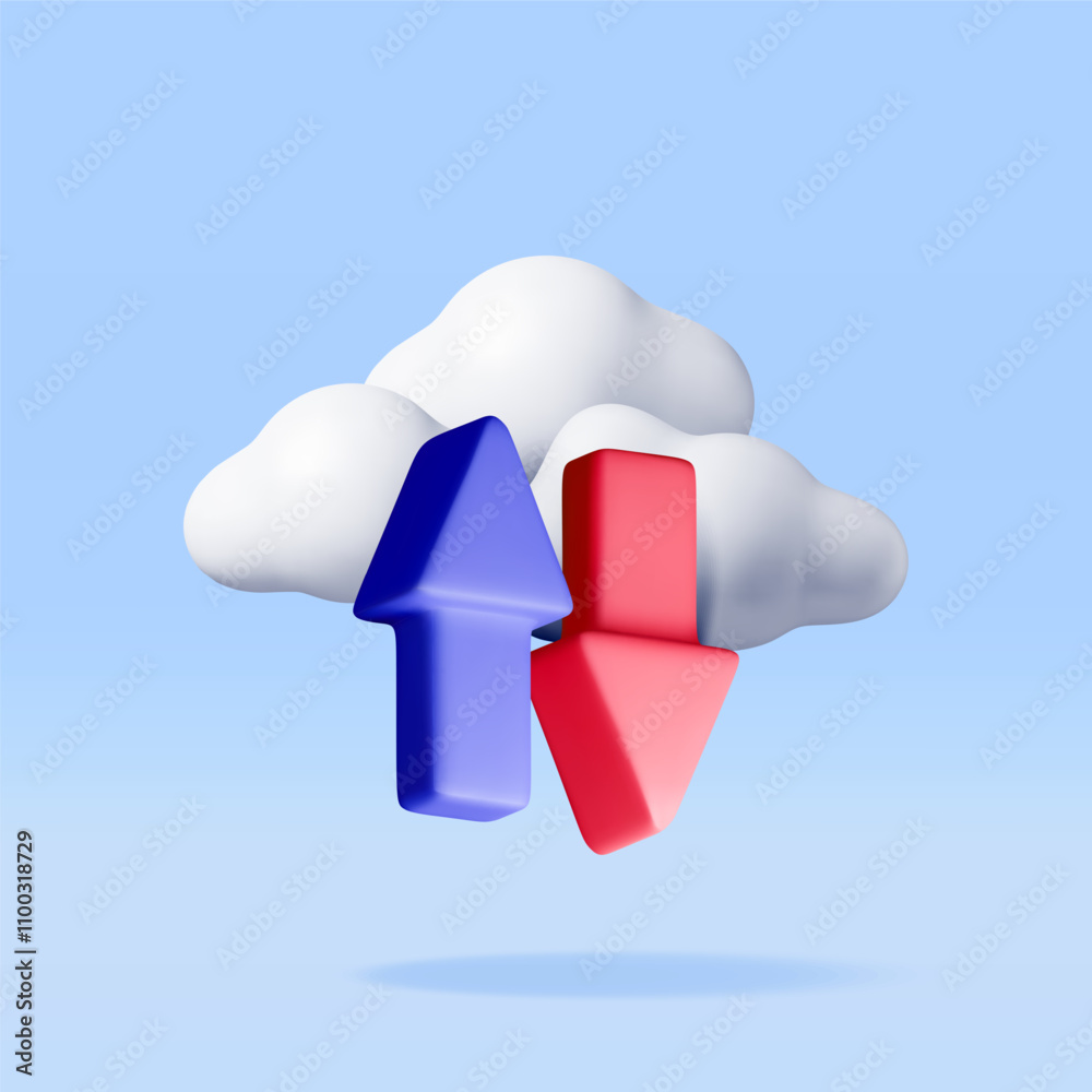 3d cloud with arrows isolated on white. Render download and upload file ...
