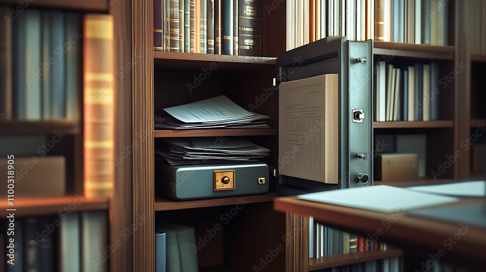 Office safe hidden behind a false bookshelf, partially open with ...