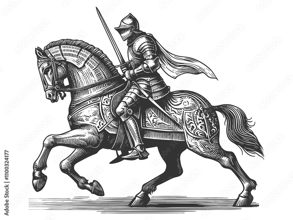 medieval knight in full armor riding a rearing horse, showcasing ...