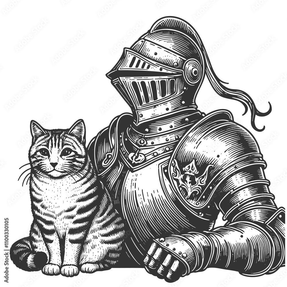 medieval knight in full armor sitting alongside a striped cat, blending ...