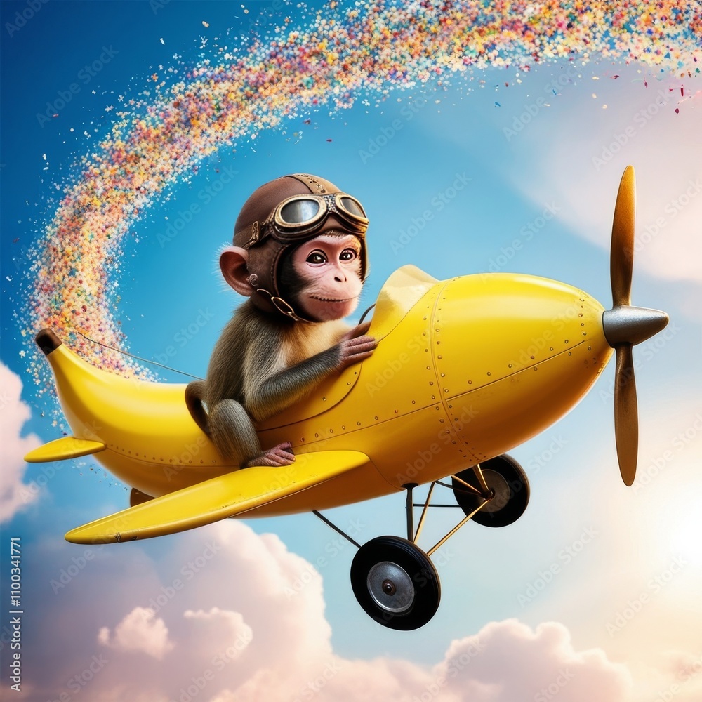 Little monkey wearing aviator goggles flying in a propeller airplane ...