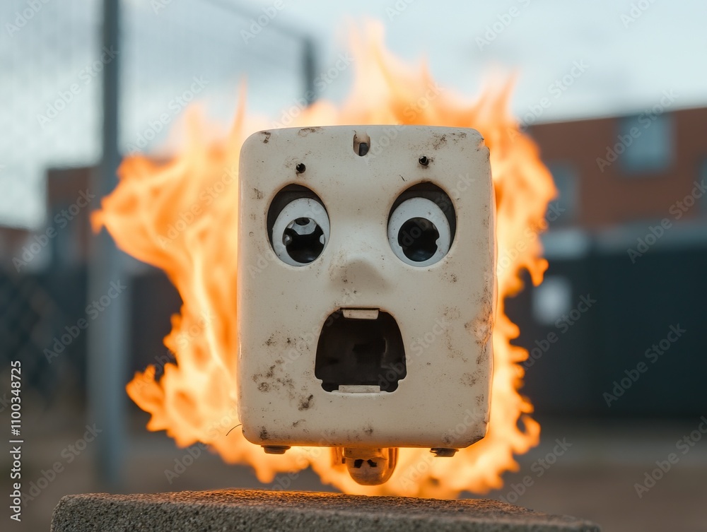 A startled, animated box with expressive eyes and an open mouth stands ...