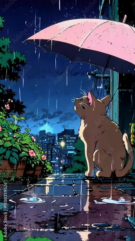 anime cat sitting under raining, lofi, rain, rainy, 4K resolution, lofi ...