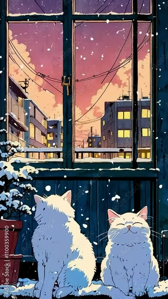 anime cat sitting under snow falling, lofi, snow, snowing, 4K ...