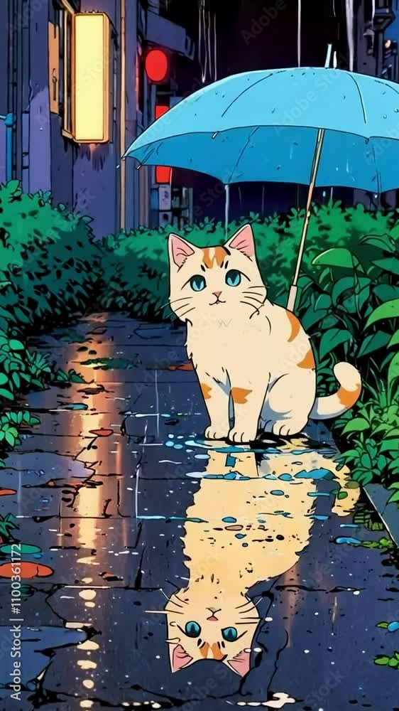 anime cat sitting under raining, lofi, rain, rainy, 4K resolution, lofi ...