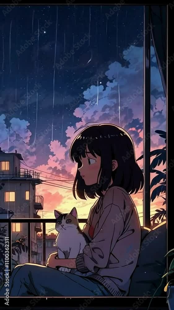 anime girl sitting under raining, lofi, rain, rainy, 4K resolution ...