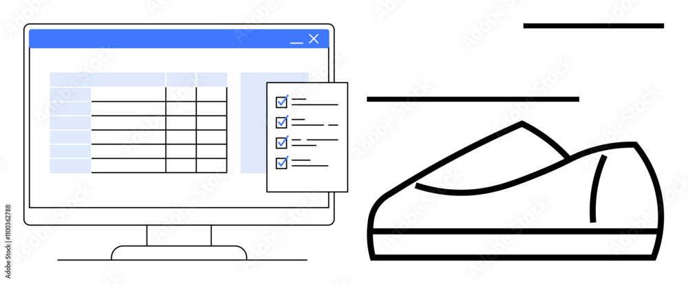 Computer monitor displaying spreadsheet next to checklist and shoe ...