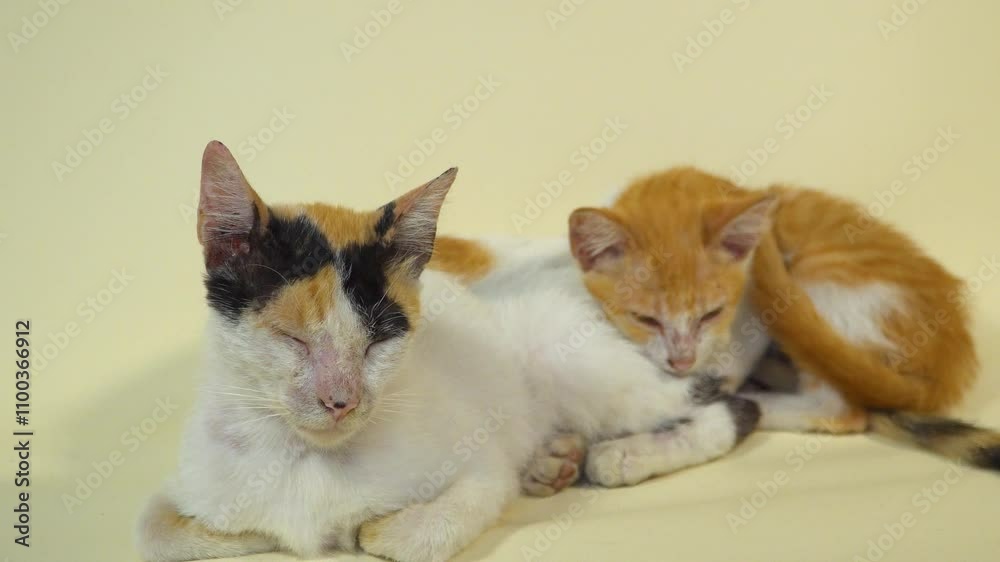 4k close-up footage of a white striped wild cat with one month old ...