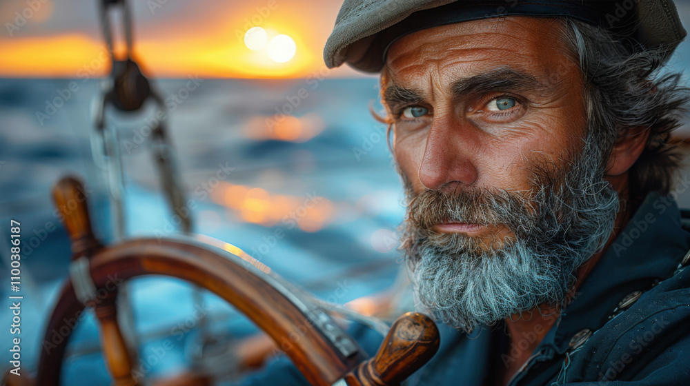 Closeup man with gray beard wearing hat, ship captain holding his hand ...