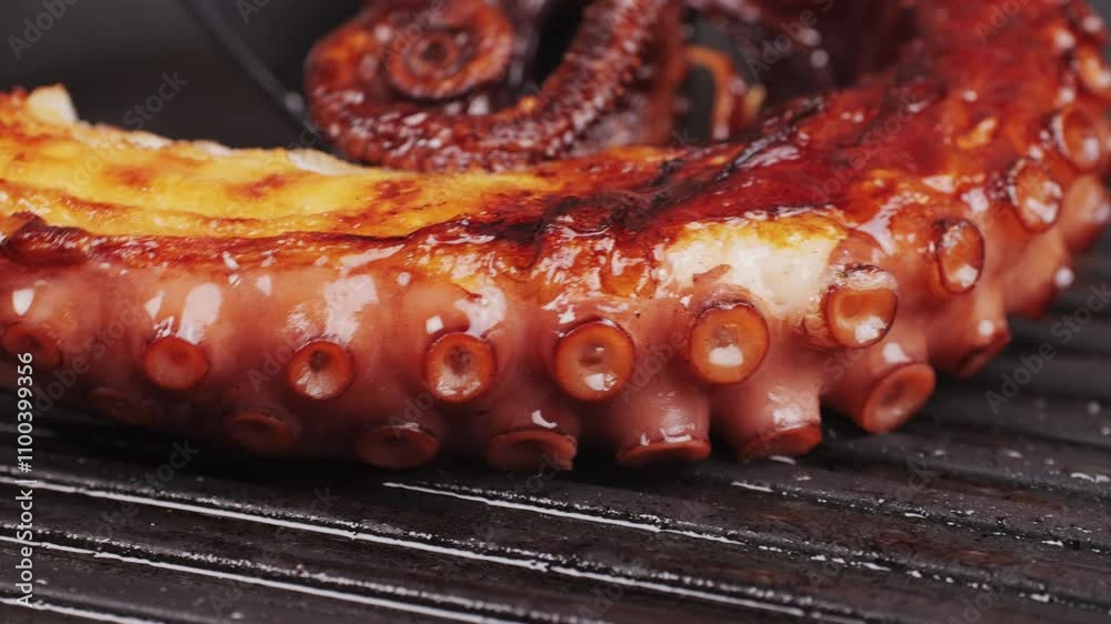 Octopus cooking, chef grill fresh octopus galician style on restaurant ...