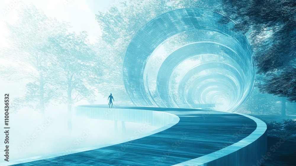 Futuristic pathway with person, trees, and swirling architecture in a ...