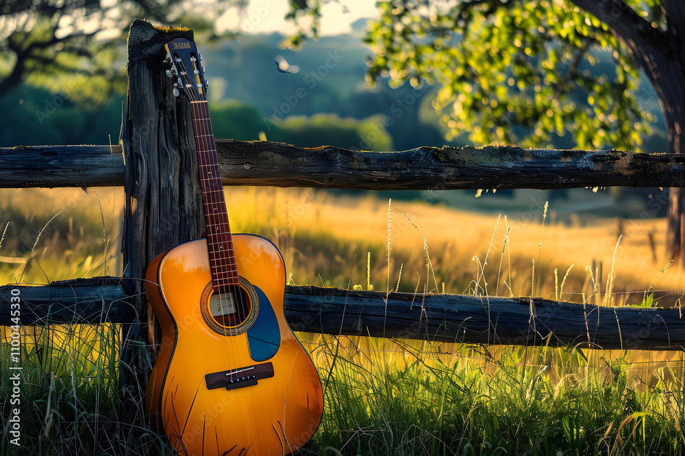 Serenade in the Countryside: Acoustic Guitar Against Rustic Fence on ...