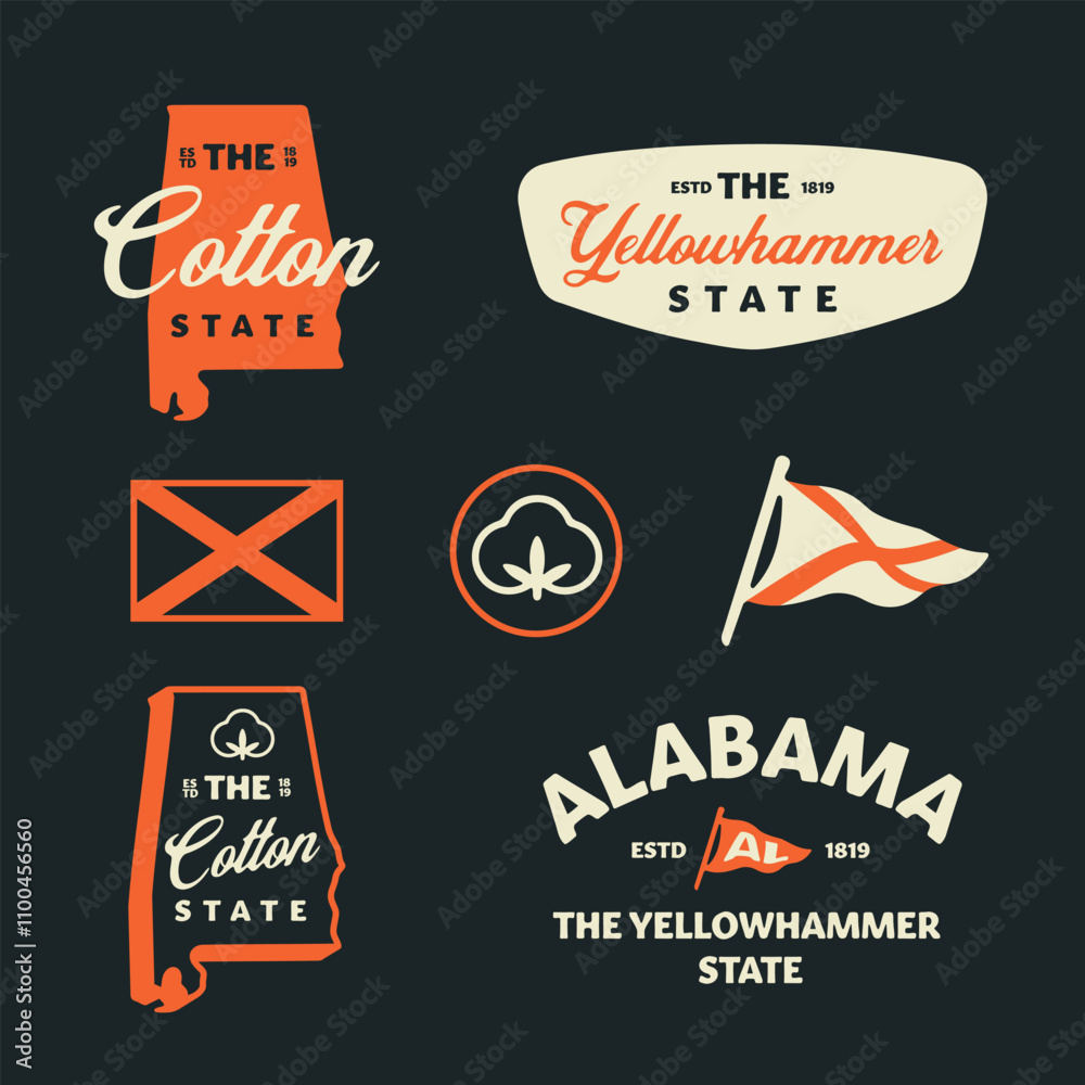 Set of vintage Alabama travel logos. The Yellowhammers State. The ...