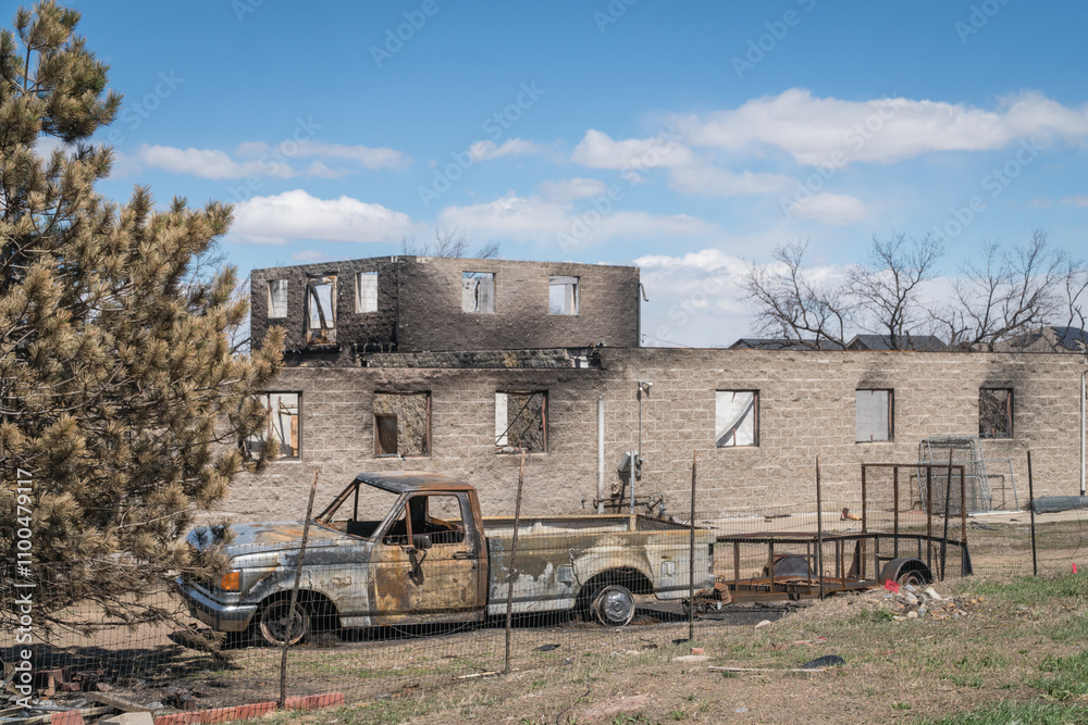 Aftermath of wildfire damage in residential neighborhood with complete ...