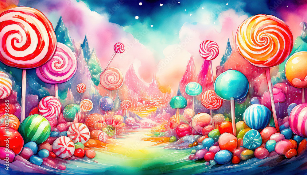 Bright and colorful watercolor lollipops, candy canes, and gumdrops ...