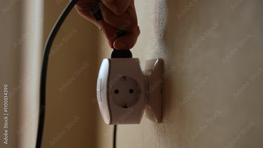 Process of careful insertion of black electrical plug into white wall ...