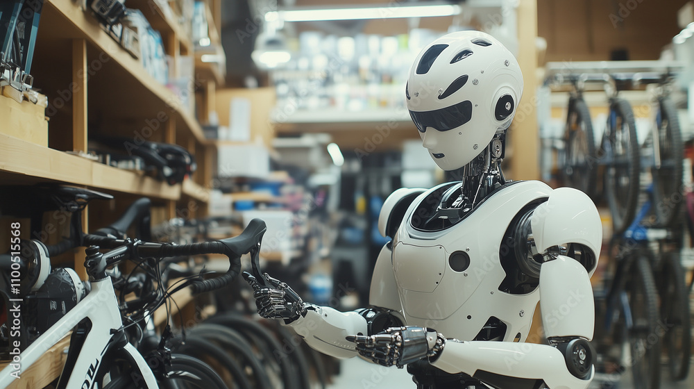 Humanoid robot checks the handlebars of a bicycle in a bike shop ...