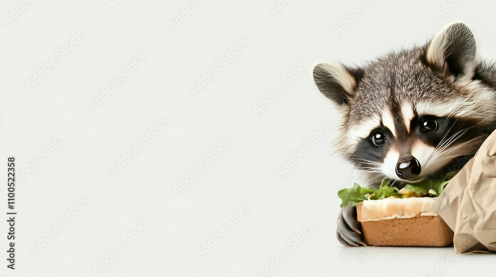Raccoon enjoying a sandwich near bags of lettuce and potato chips Stock ...