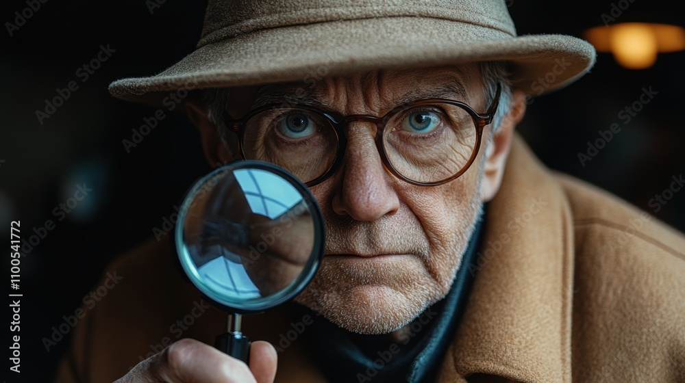Elderly man holding magnifying glass, intense focused look, classic ...