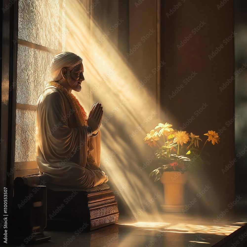 Serene statue of Shirdi Sai Baba. Sunlight streams through window ...