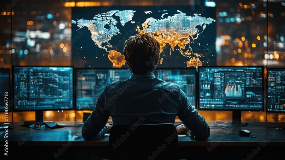 Man working in command center with glowing digital world map on multiple monitors, global data ...
