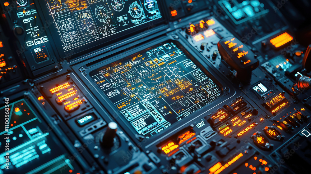 A cockpit control panel featuring illuminated buttons and various ...